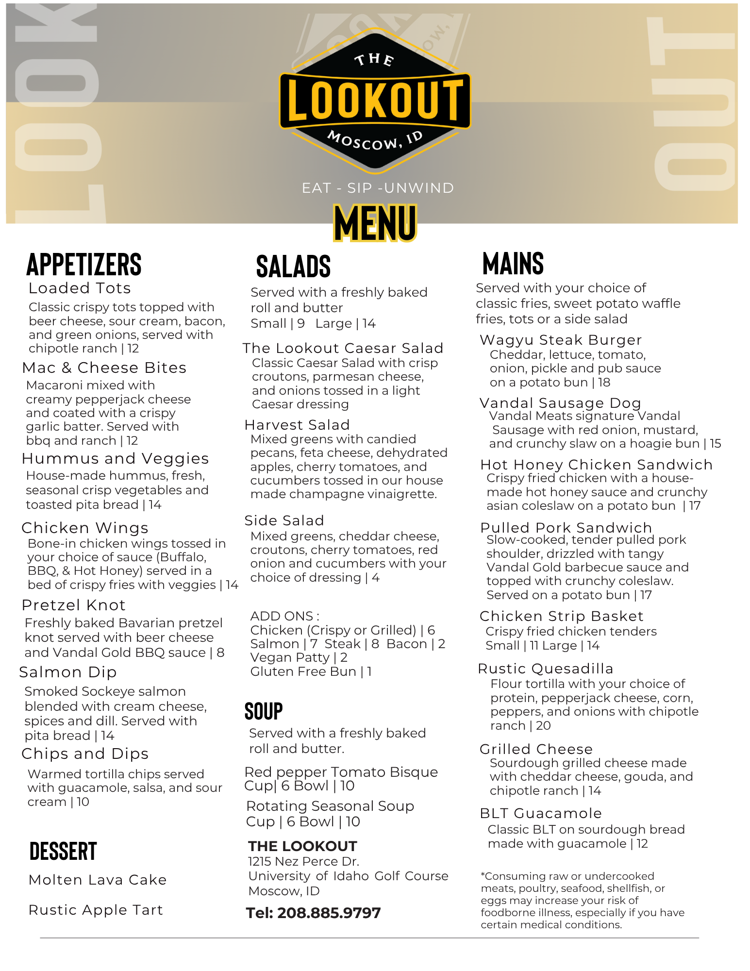 Menu | The Lookout Restaurant & Bar